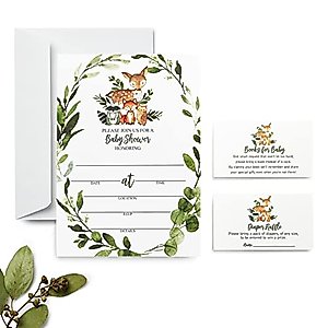 25 Wreath Woodlands Greenery Baby Shower Invitations (Large Size 5X7 inches), Diaper Raffle Tickets, Baby Shower Book Request Cards with Envelopes Woodland Creature Invites Neutral Baby Showers Fox