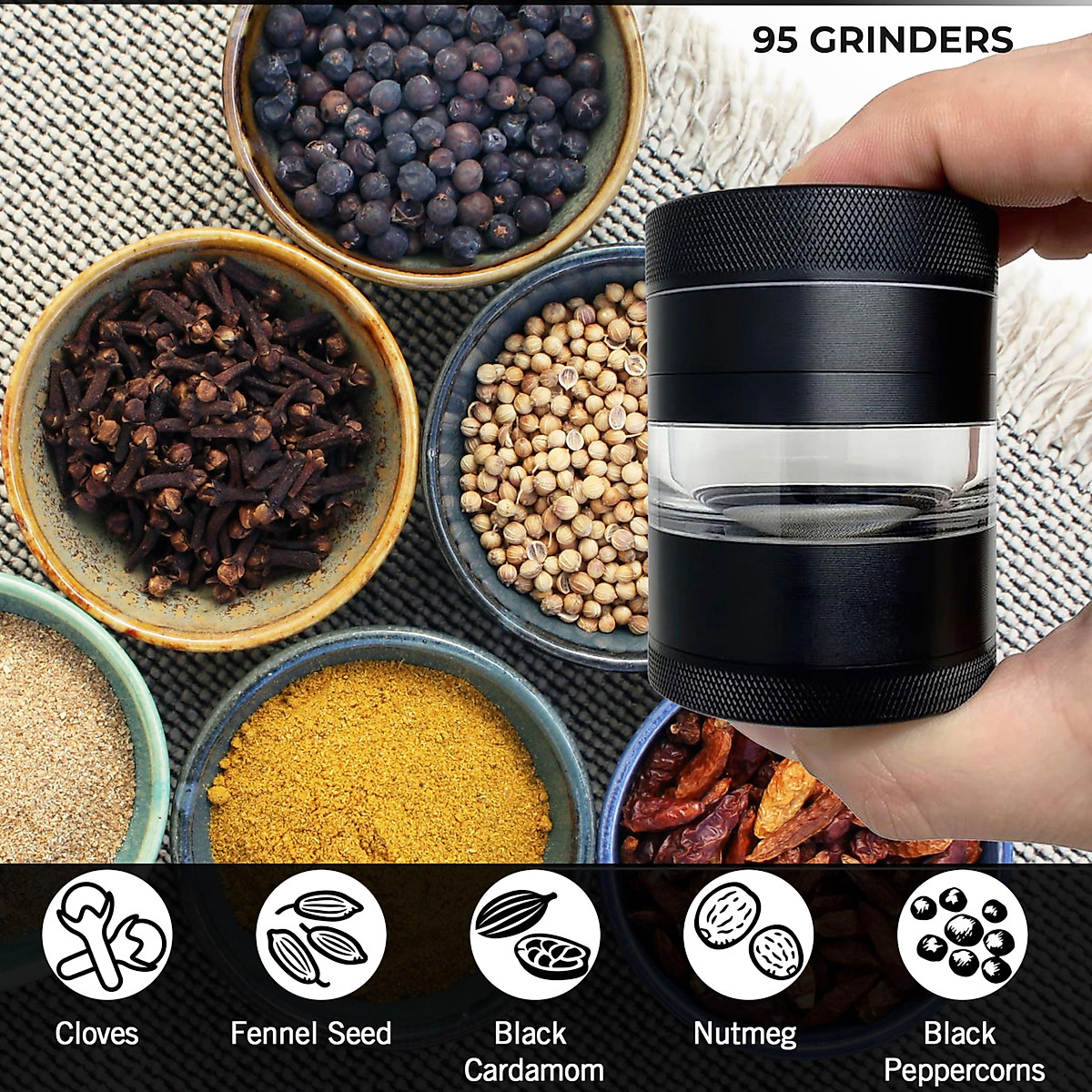 95Grinders 5-Piece 2.2" Premium Spice Mixer | Heavy-Duty Aluminum, Kief Catcher, Smooth Grind, No-Stick Design, Kitchen Essential