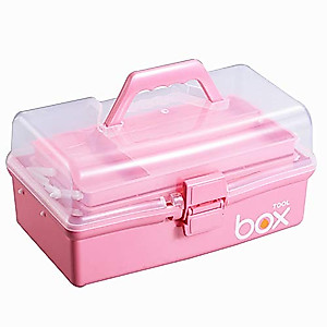 Kinsorcai 12'' Three-Layer Clear Plastic Storage Box/Tool Box, Multipurpose Organizer and Portable Handled Storage Case for Art Craft and Cosmetic (Pink)