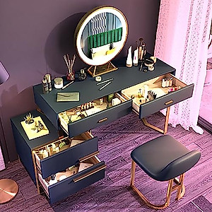 YIMAKEY Vanity Desk Set Mirror: Blue 31 Inches Makeup Table with 3 Modes Lights Mirror and 4 Drawers 1 Stool - Luxurious Fashionable Vanity Desk for Bedroom for Her