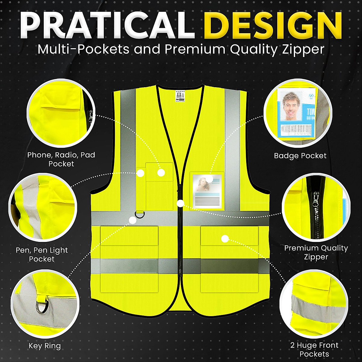 PeerBasics Safety Vest 10 Pack, Yellow, ANSI Class 2, Reflective, For Men Women Unisex, With Pockets Zipper, Breathable Mesh (Large)