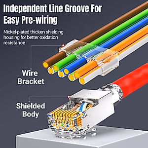 AMPCOM RJ45 CAT7 Connector (10 Pcs), 50u Gold Plated Shielded FTP/STP Nickel Plated Copper Case with Clamp Tail External Ground for 23 AWG Network Cable