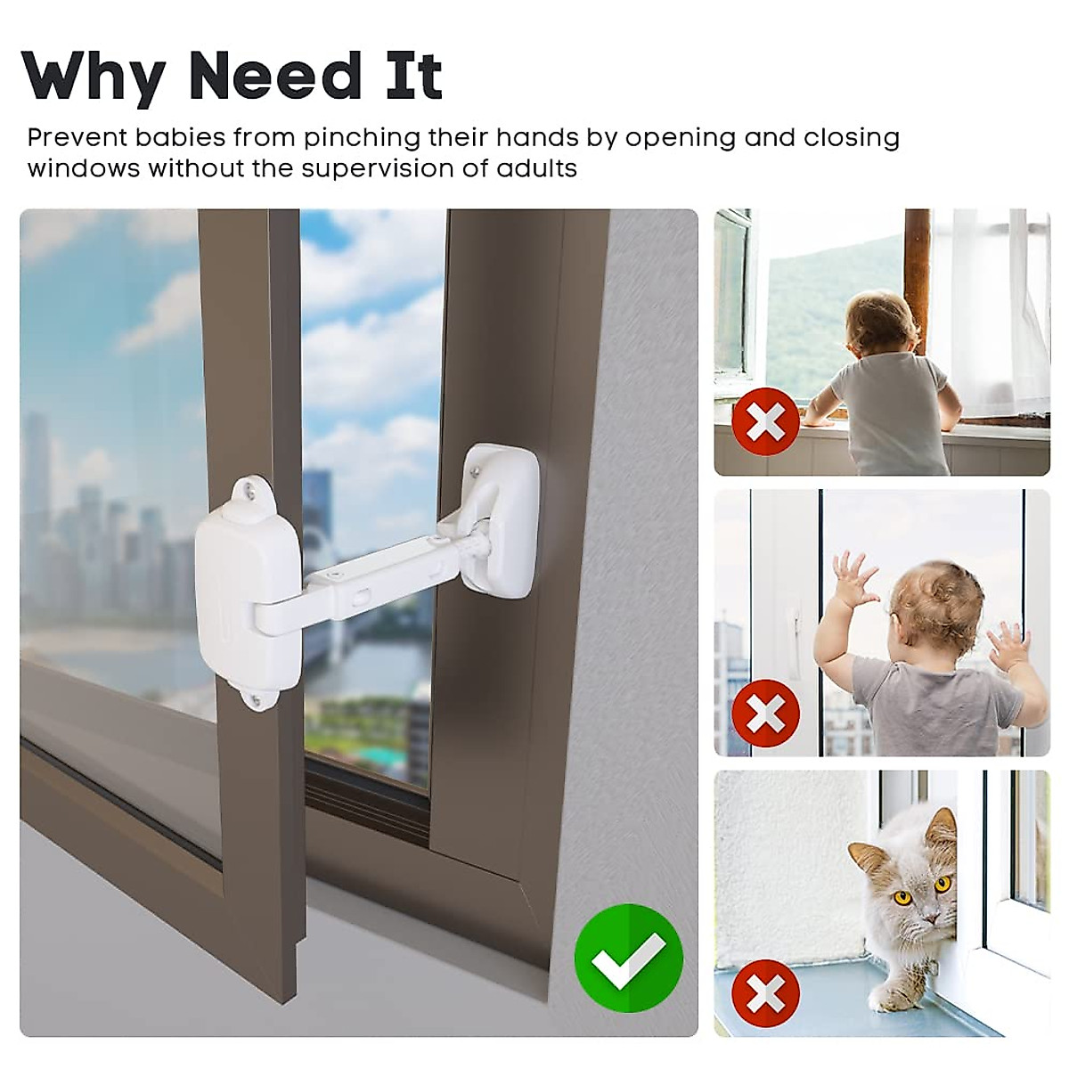 EUDEMON 1 Pack Childproof Window Restrictor for Aluminum, Wooden, Metal Window Frames, Baby Safety Window Lock, Window Safety Locks for Toddlers & Pets, Easy to Install (White)