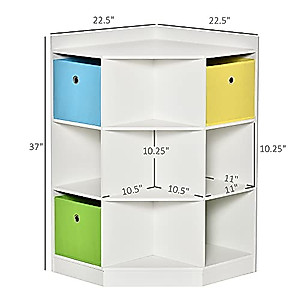 HOMCOM Kids Corner Cabinet, Cubby Toy Storage Organizer, Bookshelf Unit with Three Baskets for Playroom, Bedroom, Living Room, White