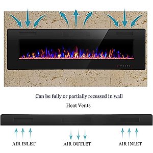 R.W.FLAME 68 inch Recessed and Wall Mounted Electric Fireplace, Ultra Thin and Low Noise,Fit for 2 x 6 Stud, Remote Control with Timer,Touch Screen,Adjustable Flame Color and Speed