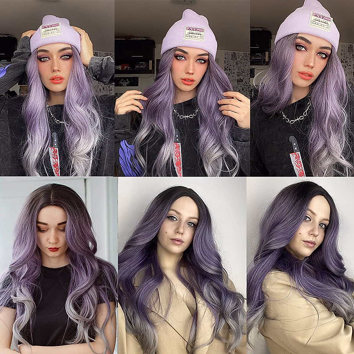 YUSHU Long Purple Wigs for Women Long Wavy Ombre Middle Part Colored Heat Resistant Synthetic Wig for Daily Party Use Cosplay(Ombre Purple, 26 Inch)