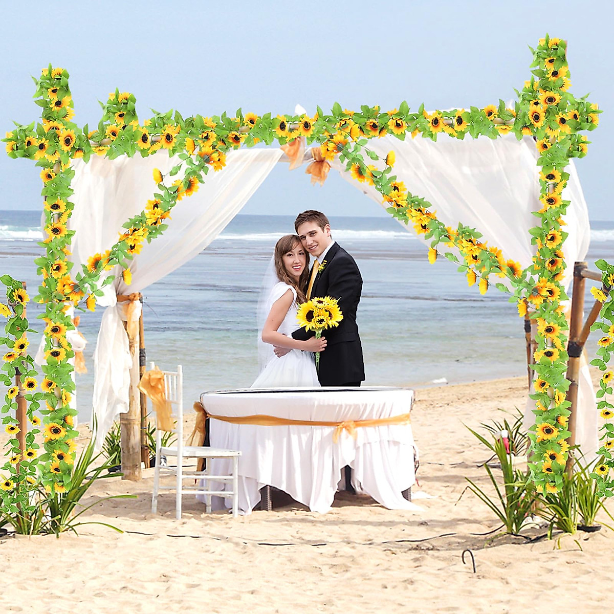 DomeStar 4 Pack Artificial Sunflower Garlands 29 FT Silk Sunflower Vines with Green Leaves, Hanging Flowers Garland for Sunflower Theme Party Fall Wedding Home Decorations