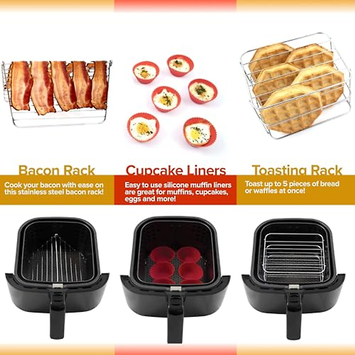 NUWAVE 6 QT Air Fryer Accessories 6 Silicone Egg Liners, a Stainless Steel Toaster Rack and a Stainless Steel Bacon Rack (Breakfast Kit)
