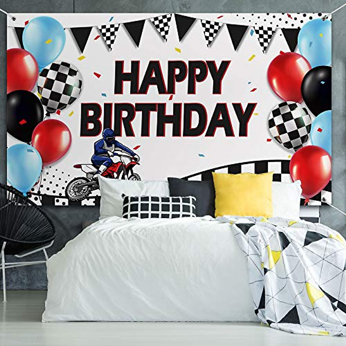 Dirt Bike Birthday Decoration Backdrop Banner Motocross Dirt Bike Racing Dirt Bike Themed Birthday Party Supplies for Kids Boys Teenagers Adults, 72.8 x 43.3 Inch