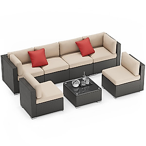 Patiomore 7 Pieces Outdoor Patio Furniture Set, Black Brown Wicker Patio Sectional Sofa Set, Outdoor Couch with Grey Cushion and Tempered Glass Table