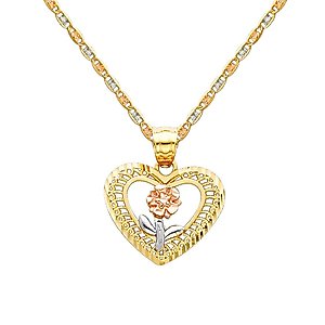 The World Jewelry Center 14k REAL Tri Color Gold Flower in Heart Pendant with 1.5mm Diamond Cut Chain Necklace - 22"