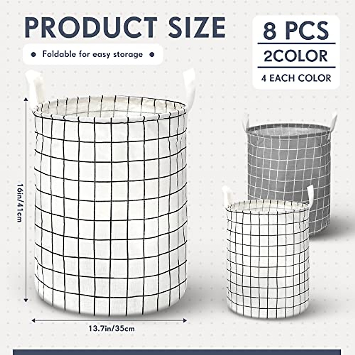 Nuogo 8 Pieces Freestanding Laundry Basket Round Collapsible Organizer Basket Cotton Linen Washable Laundry Hamper Waterproof Laundry Room Organization Large Storage Bins for Kids Toy Room Nursery