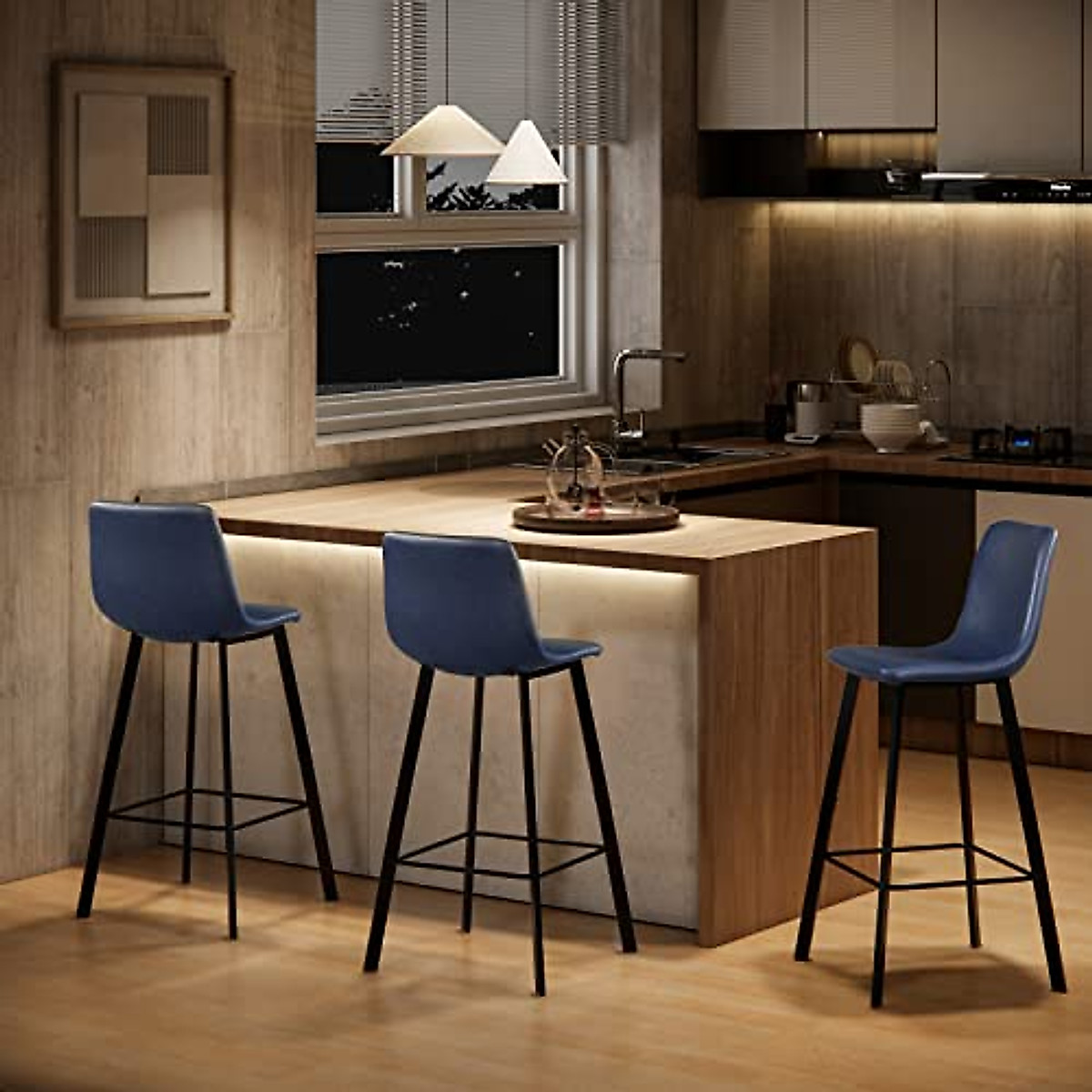 OUllUO Counter Bar Height Barstools with Back, 29 in PU Leather Bar Stools Set of 2, Upholstered Armless Tall Bar Stools for Kitchen Island, Cafe, Pub, Bistro, BS244, Navy Blue, 2Pcs