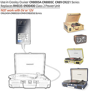 ANTOBLE Adapter Power Cord for Crosley Cruiser Portable Turntable Record Player CR8005A CR8005A-BK CR8005A-TU CR8005C CR89 CR221 Replaces RHD35-0900400 Class 2 AC Charger 9V DC Power Supply 6.5ft Cord