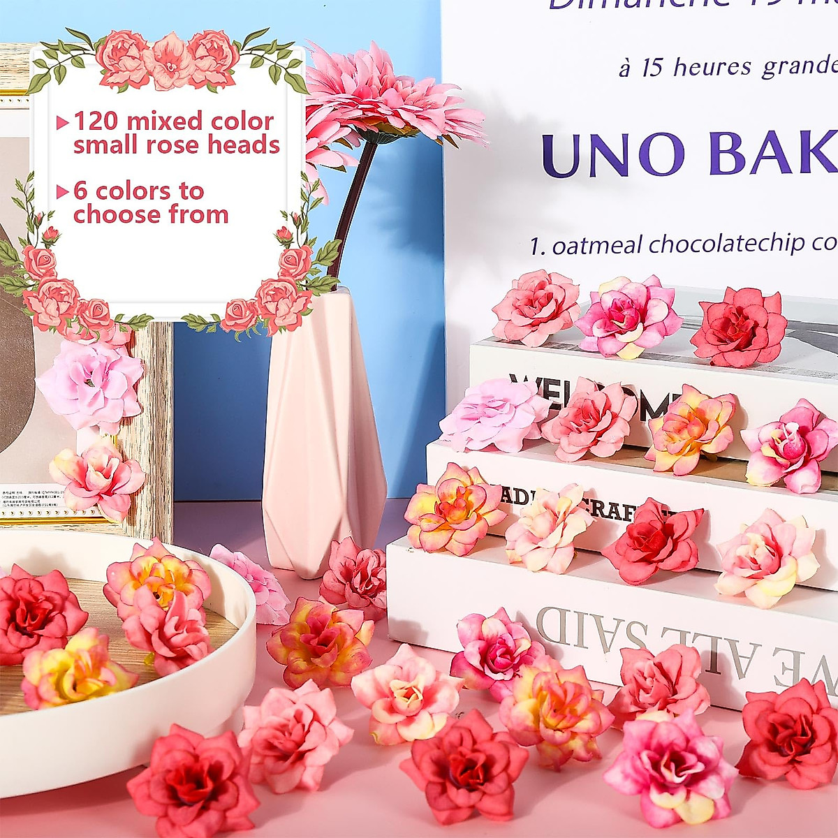 Whaline 120Pcs Faux Flowers Heads Pink Fake Silk Rose Head 1.8 Inch Mini Roses Artificial Silk Flower Head Artificial Craft Flowers Small Fabric Flowers for DIY Wreath Wedding Home Party Decor