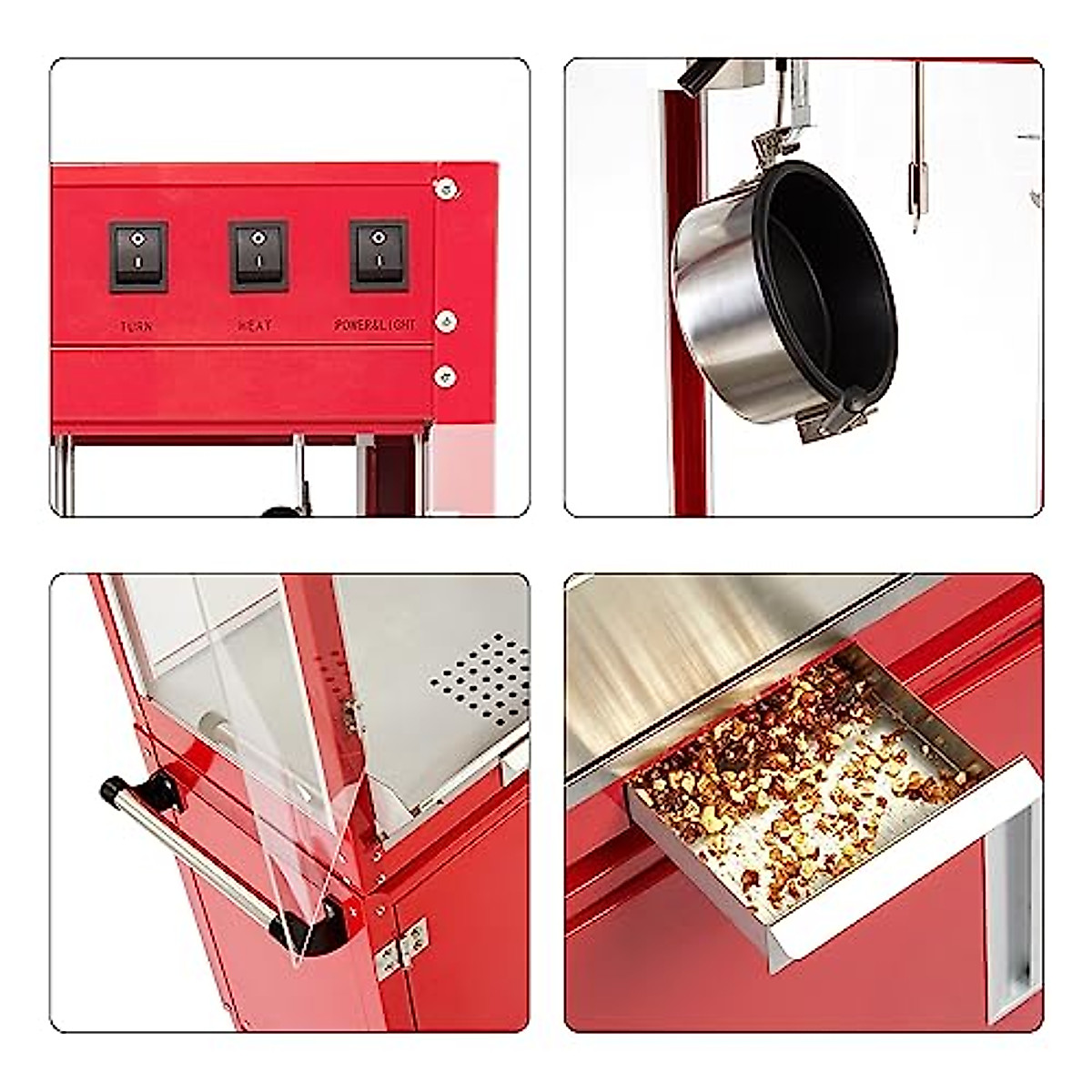 Aibudy Popcorn Popper with Cart and Stand,Theater Commercial Vintage Popcorn Maker with 8 Oz. Stainless Steel Kettle and Storage Included, Red