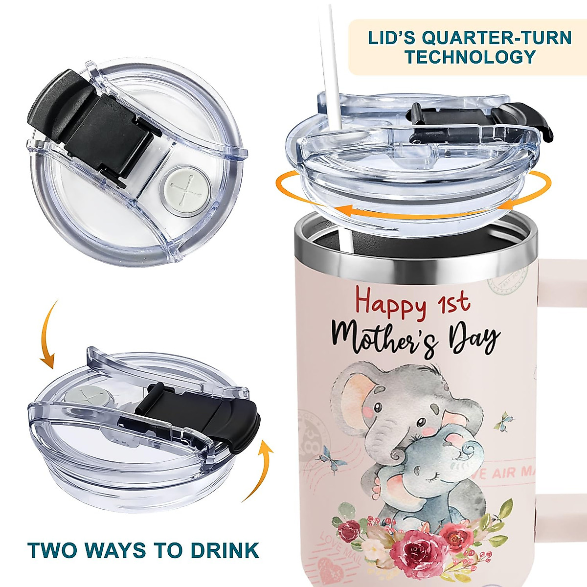TAMUNBEE First Mothers Day Gifts For New Mom, Daughter From Baby, Sister, Son - 1st Mothers Day Gifts From Husband - First Time Mother Presents - Elephant 40oz Tumbler With Handle for Woman