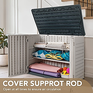 Devoko Resin Outdoor Storage Shed 28 Cu Ft Horizontal Outdoor Storage Cabinet Waterproof Patio Tools Storage Box for Pool Toys, Sofa Cushion, Lawn Mower and Garbage Cans