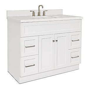 ARIEL 43" White Bathroom Vanity with 1.5" Edge Pure White Quartz Countertop & Splash, Rectangular Sink, 2 Soft Closing Doors, 4 Full Extension Dovetail Drawers, Built in Toe Kick, Brushed Nickel