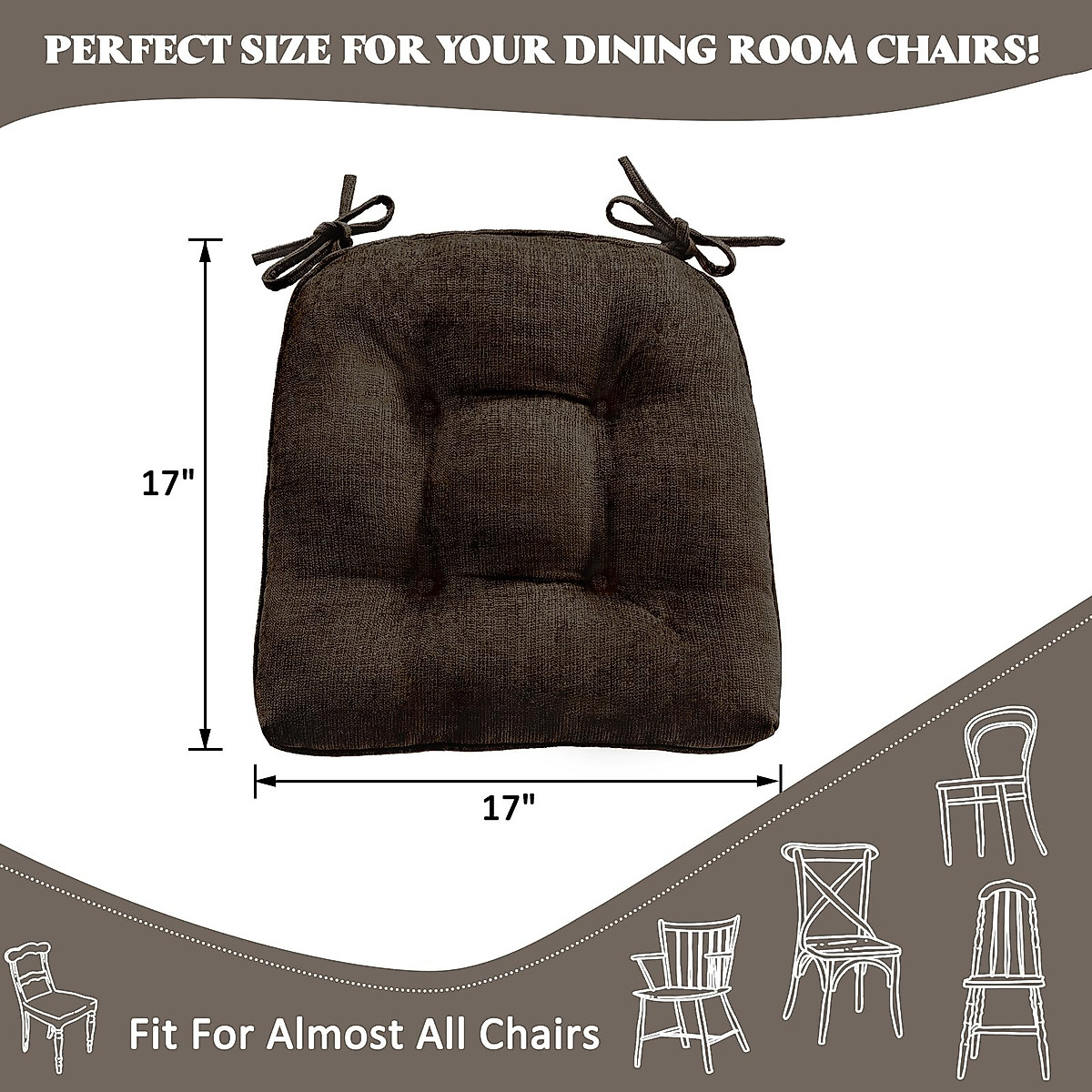 HARBOREST Chair Cushions for Dining Chairs Set of 4 - Chenille Tufted Kitchen Chair Cushions with Ties and Non-Slip Bottom, Memory Foam Chair Pads for Dining Chairs, 17" x 17", Chocolate