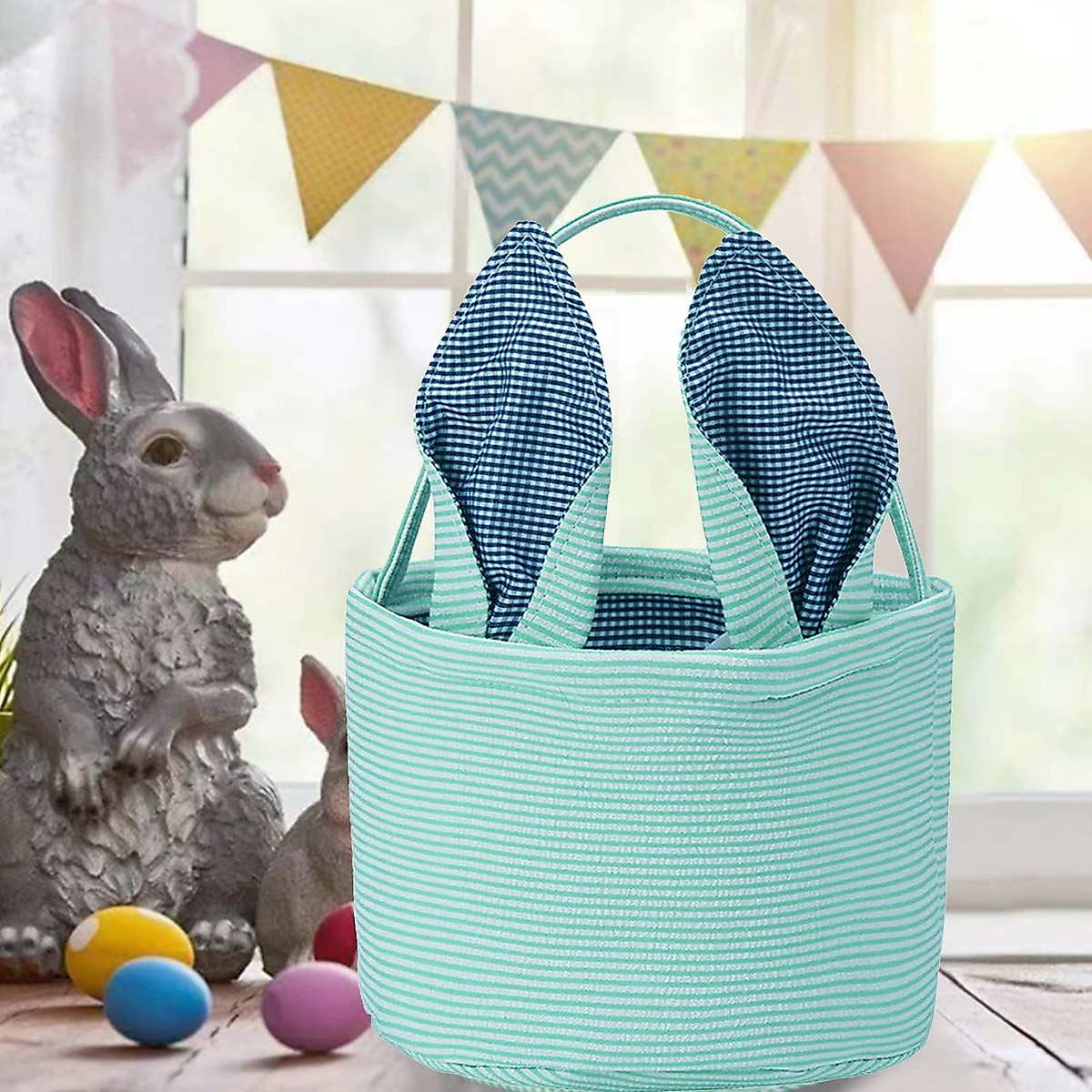 Easter Basket Seersucker Egg Hunt Bunny Baskets for Kids with Cute Rabbit Ears Stripe Storage Gifts Candies Personalized Easter Party Gifts.………
