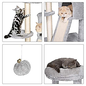 Hey-brother Cat Tree with Scratching Board, Cat Tower with Padded Plush Perch and Cozy Basket, Multi-Platform for Jump, Light Gray MPJ005W