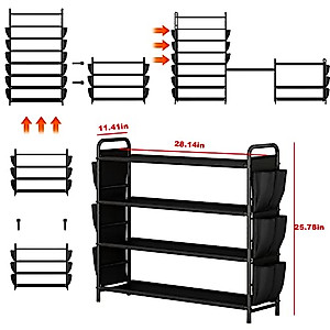 LINZINAR Shoe Rack Organizer 4 Tier Stackable Metal Shoe Storage Shelf with Double Row Side Pockets for Closet Entryway Bedroom, Black