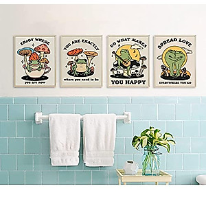 Retro Poster Wall Art Print Retro Frog Posters,Retro Positive Quote, Positive Self Care Mushroom Illustration,Wall Art Canvas for Living Room Bedroom Kids Room Decorate Room Home Decor,Gift.Set of 4(Unframed,8”X10”inches).