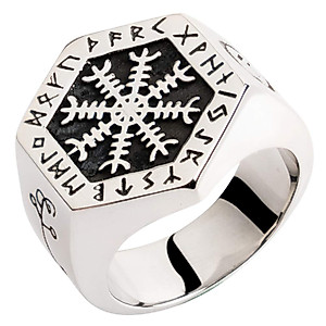 Titanium Stainless Steel Aegishjalmur The Helm of Awe Ring Norse Viking Elder Futhark Rune Ring Jewelry for Men Women Size 10 Silver Tone