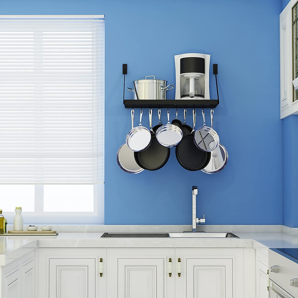 Hoooh Square Grid Wall Mount Pot Rack Storage Shelf with 10 Hooks, Kitchen Cookware Hanging Organizer, Black, KPR301A-BK