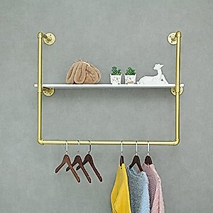 Industrial Pipe Wall Mounted Garment Rack with Top Shelf, Detachable Pipe Clothes Rack, Space-Saving Hanging Bar, Detachable Multi-Purpose Rod for Closet Storage, Gold, 39.3x10 Inches