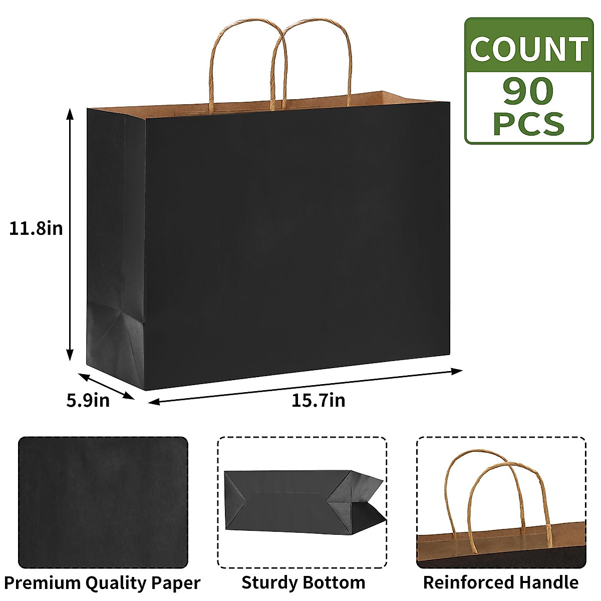 Moretoes 90pcs Black Gift Bags, 16x6x12 Inch Paper Gift Bags Black Kraft Paper Bags with Handles, Shopping Bags in Bulk for Boutiques, Grocery, Mechandise, Party, Gifts & Merchandise