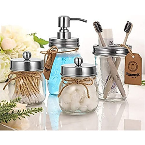 kuangMEIX Mason Jar Bathroom Accessories Lids Set(4Pcs),Jars Not Included Foaming Soap Dispenser & 2 Apothecary Jars & Toothbrush Holder for Regular Mouth Rustic Farmhouse Decor Bathroom Countertop