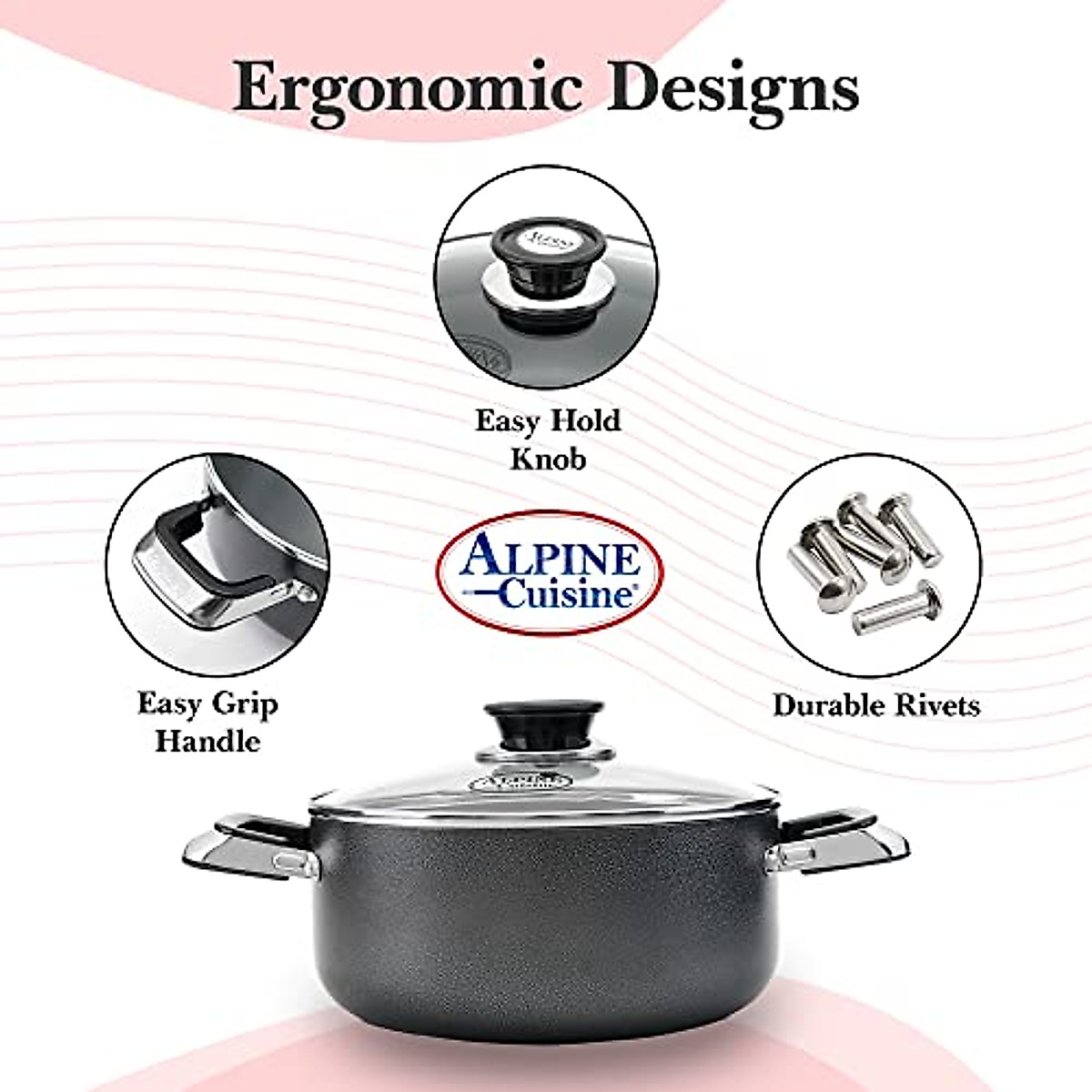 Alpine Cuisine 5 Quart Non-stick Stock Pot with Tempered Glass Lid and Carrying Handles, Multi-Purpose Cookware Aluminum Dutch Oven for Braising, Boiling, Stewing