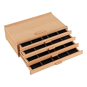 Creative Mark Pastel Storage Box, 4 Drawer Wood Art Box with Foam Lining, Sturdy & Stackable for Pastels, Artist Tools, Pens, Pencils, Paintbrushes & Makeup Brushes, Natural Finish