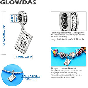 Travel Passport Charms Dangle, 925 Sterling Silver Around The World Pendant Printed 'World Citizen' CZ Beads, fit Pandora Christmas Bracelet, Gifts for Lover/Friends/Couple