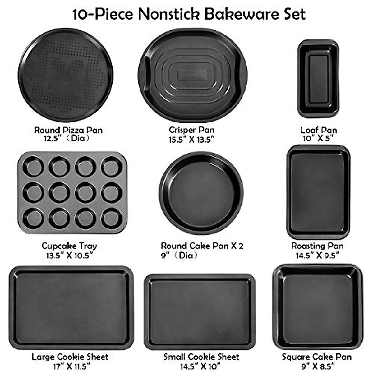 Giantex 10-Piece Nonstick Bakeware Set, Round and Square Baking Pans, Baking Sheets, Chip and Pizza Pan, Crisper Pan, Roasting Trays, 12-Cup Muffin and Loaf Pans, Cookie Sheet, Steel Baking Set
