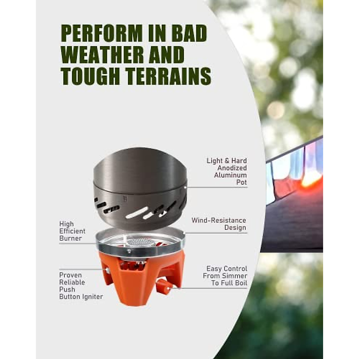 Portable Backpacking Stove WILD-WIND X0 Lightweight Camping Stove Cooking System 1 Liter Pot, One-Piece Design Camp Stove Propane for Hiking, Fishing, Hunting Emergency & Survival (organe)