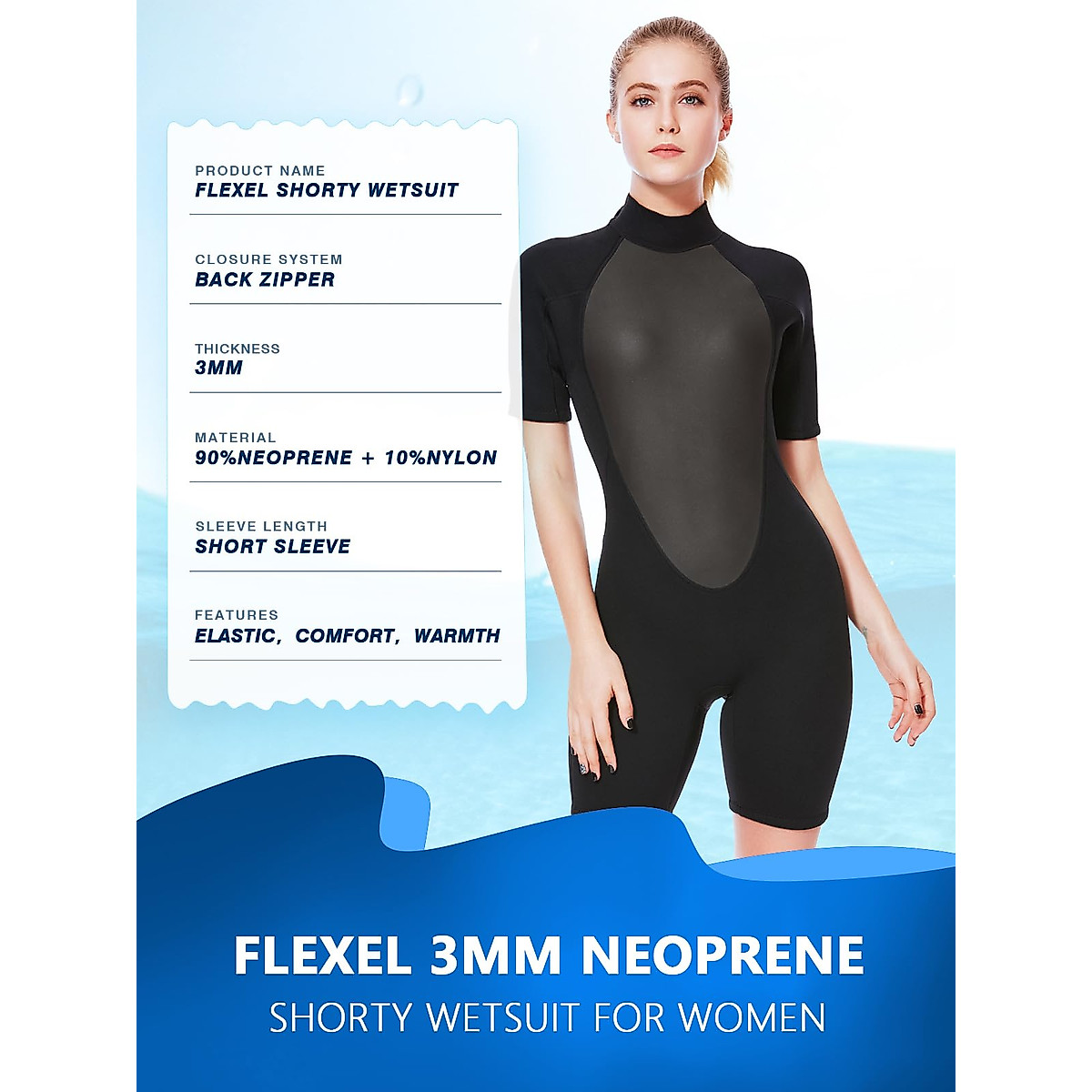 FLEXEL Shorty Wetsuit Women 3mm, Wet Suits for Mens in cold water, Neoprene Scuba Diving Suit for Surfing Swimming Snorkeling