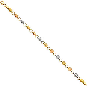 14k REAL Tri Color Gold Diamond Cut Stampato Heart Bracelet with Lobster Claw Clasp - 7.25"