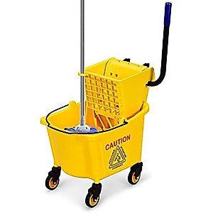 ReunionG Commercial Mop Bucket, Household Bucket with Wringer, Side Press Mop Bucket with Wheel and Handle, Side Press Wringer Trolley with Ergonomic Rocker for Easy Water Drain, Yellow (26 Quart)