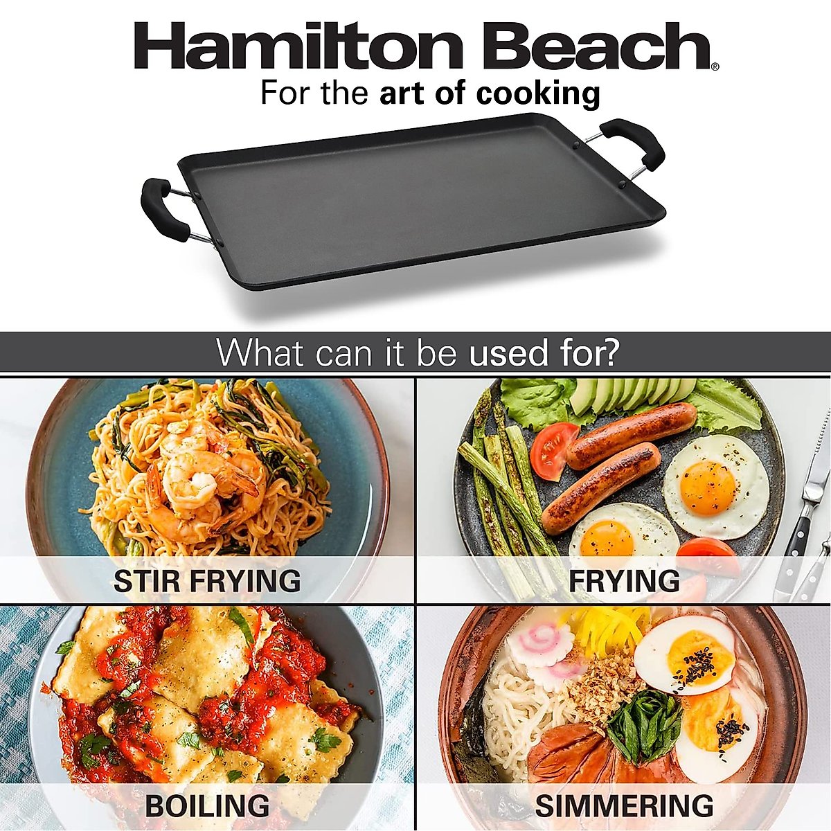Hamilton Beach Nonstick Double Griddle 19x11-Inch - Black Aluminum Griddle with Soft Touch Bakelite Handle - Flared Edge - Spiral Bottom, Easy to Clean, Multipurpose Use - Durable & Dishwasher Safe