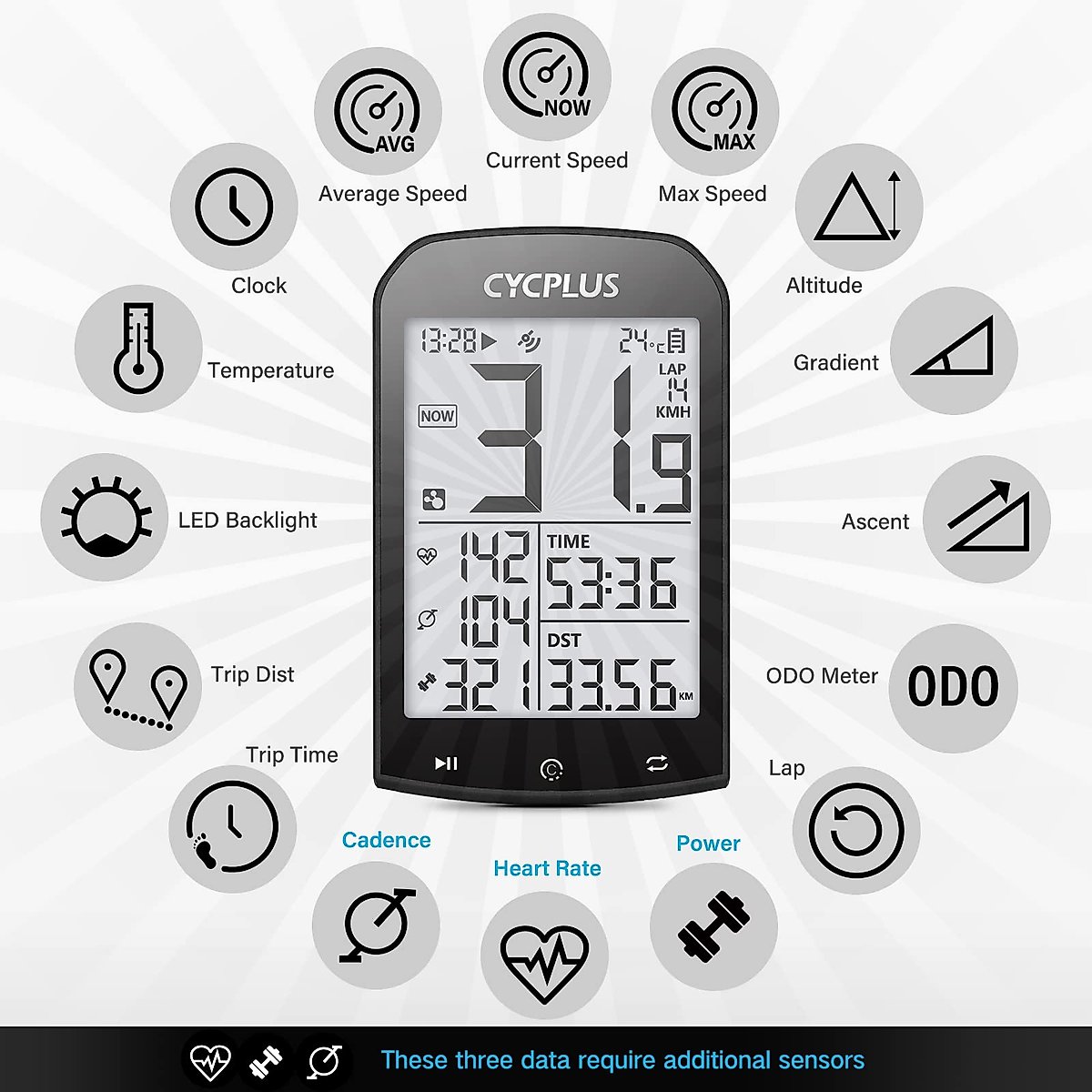 CYCPLUS GPS Bike Computer Waterproof Bicycle Speedometer and Odometer ANT+ Wireless Cycling Computer Compatible with App 2.9 Inch LCD Display with Backlight