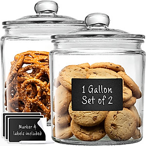 Set of 2 Glass Cookie Jars + Labels & Marker - 1 Gallon Canister Sets for Kitchen Counter with Airtight Lids, Sugar Packet Holders Food Storage Containers with Lids Airtight for Pantry, Flour, Sugar,