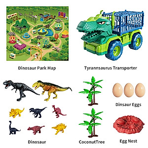 TEMI Dinosaur Truck Toys for Kids 3-5 Years, Tyrannosaurus Transport Car Carrier Truck with 8 Dinosaur Figures, Activity Play Mat, Dinosaur Eggs, Trees, Capture Jurassic Play Set for Boys and Girls