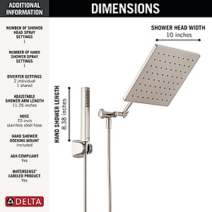 Delta Faucet 10-inch Raincan Shower Head and Hand Held Shower Combo, Brushed Nickel Square Shower Head, Rainfall Shower Head, Hand Shower, 1.75 GPM Flow Rate, Spotshield Brushed Nickel 75527-SN