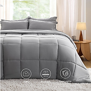 Bedsure Grey Comforter Set Queen - 7 Pieces Solid Bed in a Bag, Queen Bed Set with Comforter, Sheets, Pillowcases & Shams