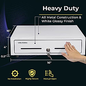 16" Push Open Cash Register Drawer for Point of Sale (POS) System, White Heavy Duty Till with 5 Bills/8 Coin Slots, Key Lock and Double Media Slots