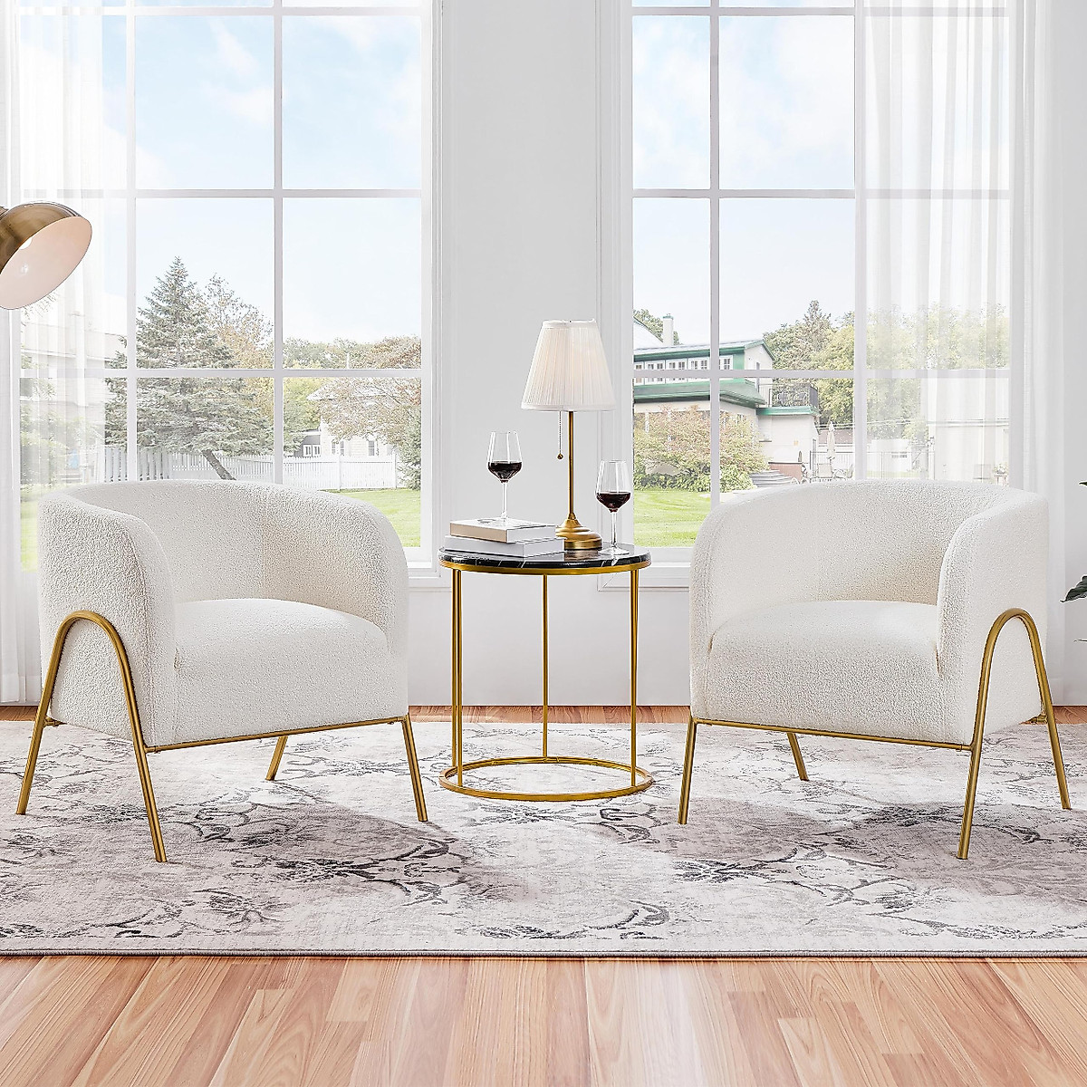 Yaheetech Accent Chair Set of 2, Armchair Set, Side Chairs for Living Room, Boucle Fabric Vanity Chairs with Gold Legs for Bedroom Office Readig Nook, Ivory