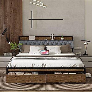 HAOARA King Size Metal Platform Bed Frame with 2 Storage Drawers & LED Light, Velvet Button-Tufted Headboard with Outlet & USB Charging Port, Heavy Duty, Brown Wooden Panel, No Box Spring Needed